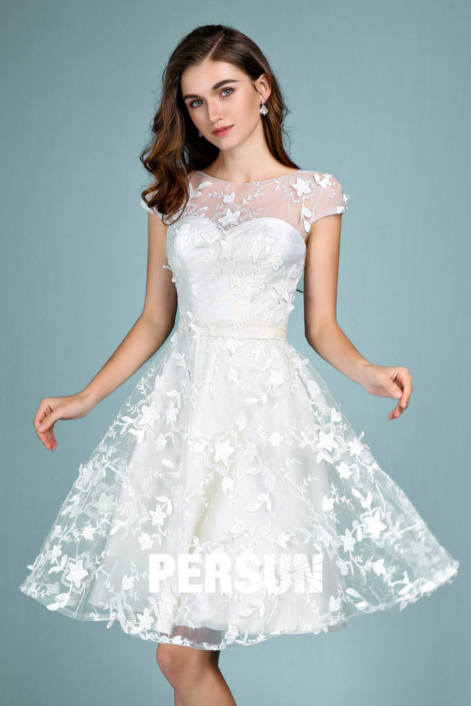 Robe De Mari¨¦e Courte Col Illusion Dentelle Fleurie Robe De Soirée Chic
